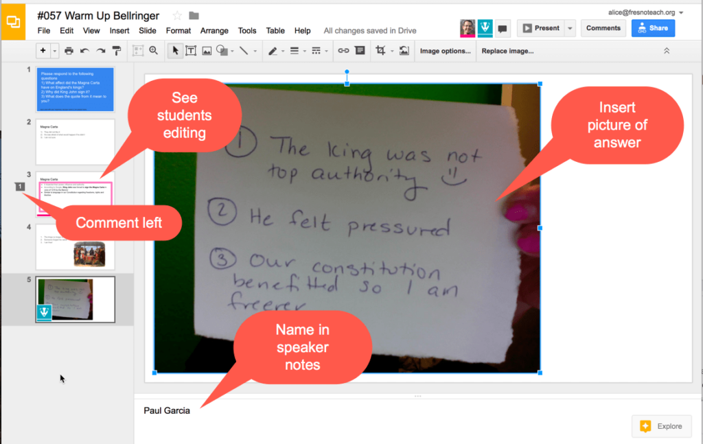 Collaborative Google Slides Bell Ringer - Teacher Tech with Alice Keeler
